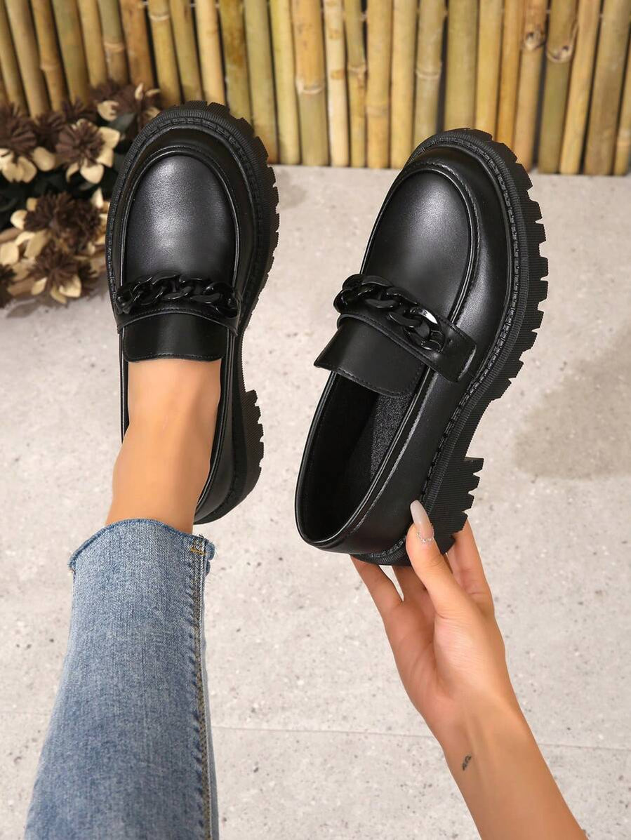 Shein Zapatos negros preppy para mujer, mocasines con plataforma y cad ...