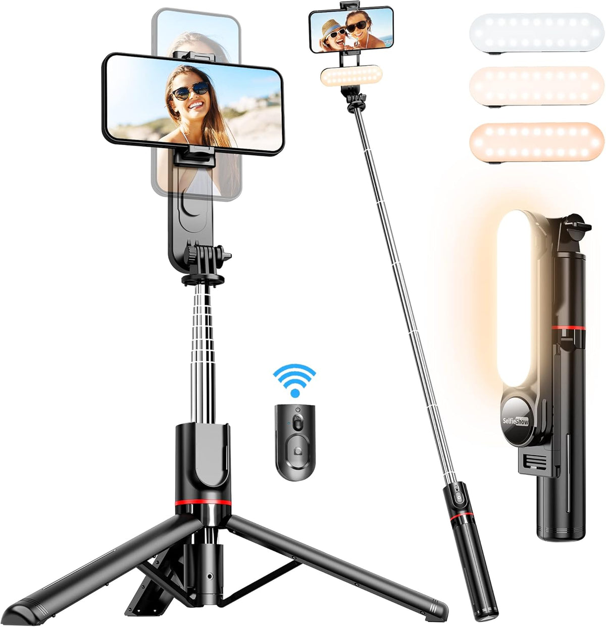 Trípode estable para selfie stick con luz de relleno, palo selfie exte ...